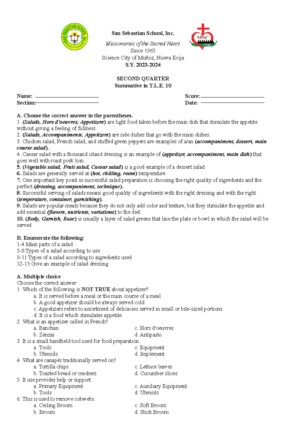 T.L. 10 Summative Test 3 - Appetizers and Salad Preparation Guide - Studocu