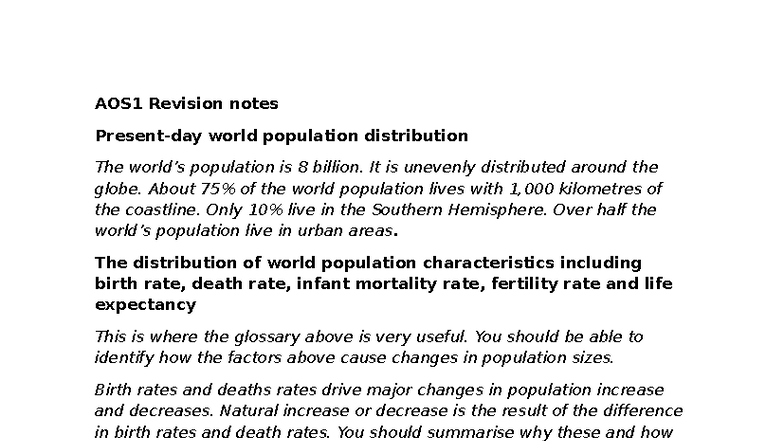 AOS1 Revision Notes: World Population Distribution Insights - Studocu