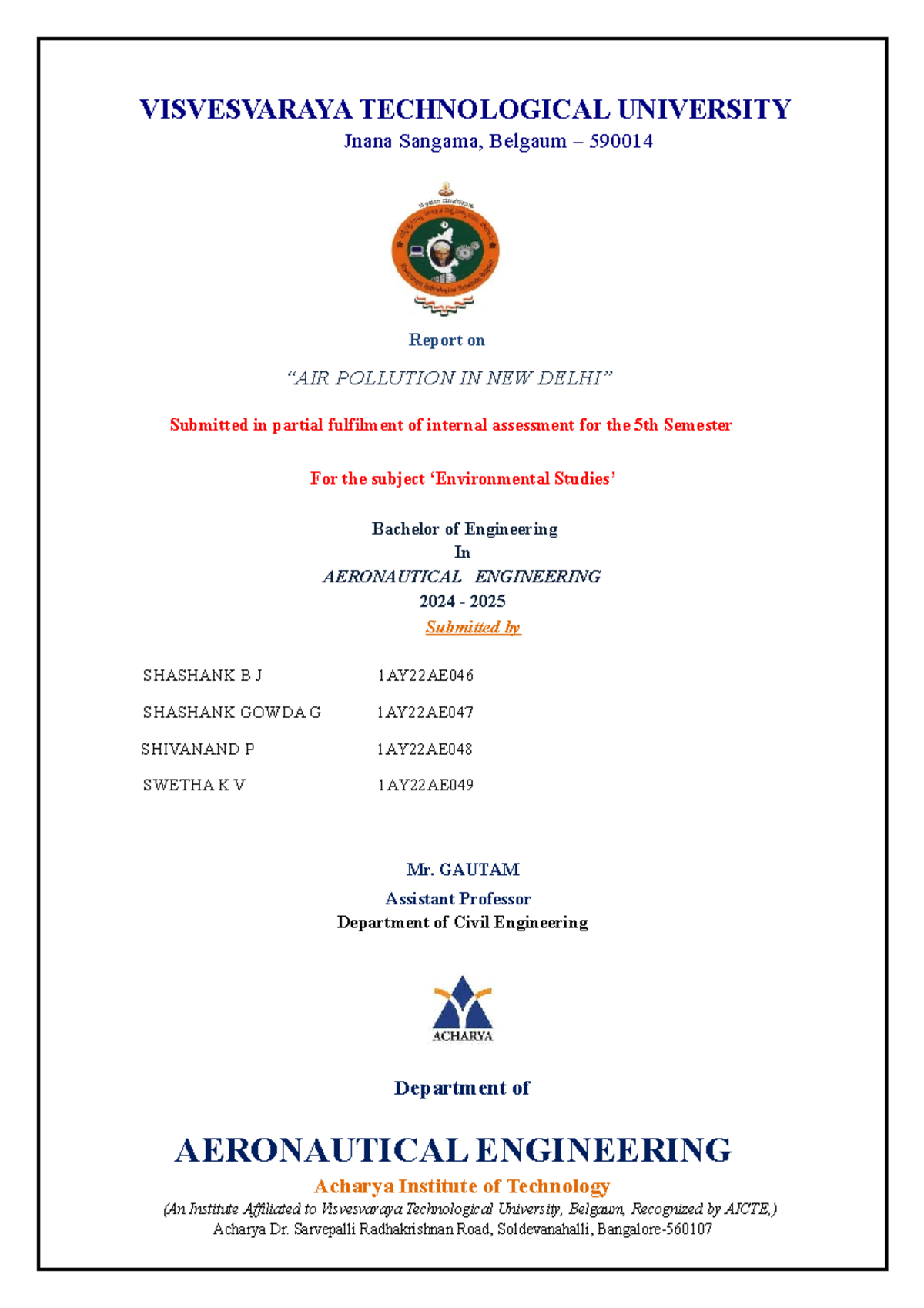 EVS Report Delhi - ENVIRONMENTAL SCIENCE - VISVESVARAYA TECHNOLOGICAL UNIVERSITY Jnana Sangama ...