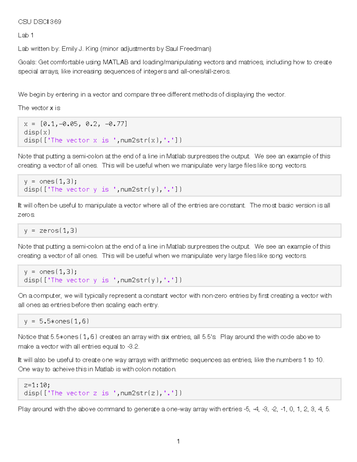 DSCI 369 FA2025 Lab 1: Introduction to MATLAB Vectors and Matrices - Studocu