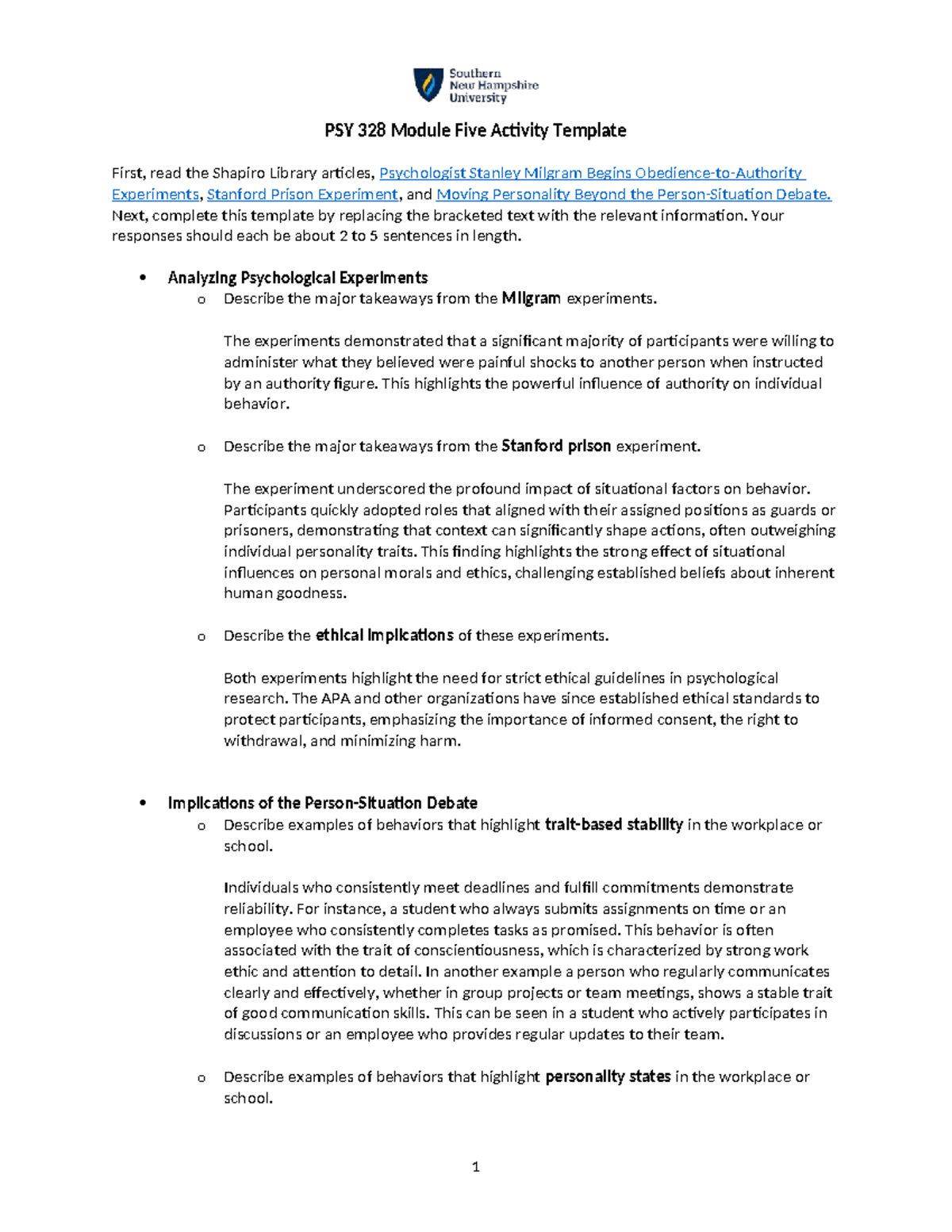 PSY 328 Module Five Activity Template - PSY 328 Module Five Activity Template First, read the ...