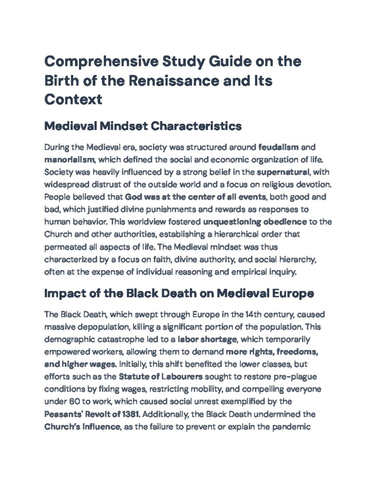 Comprehensive Study Guide on the Renaissance's Birth and Context ...