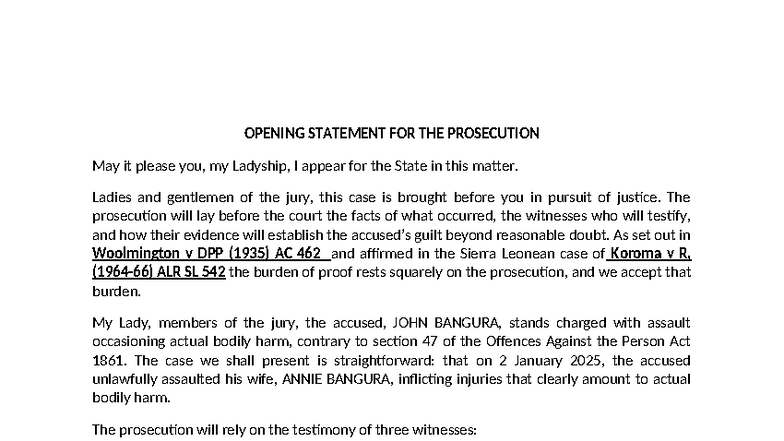 YFK Opening Statement for Prosecution - Assignment Drafting - Studocu