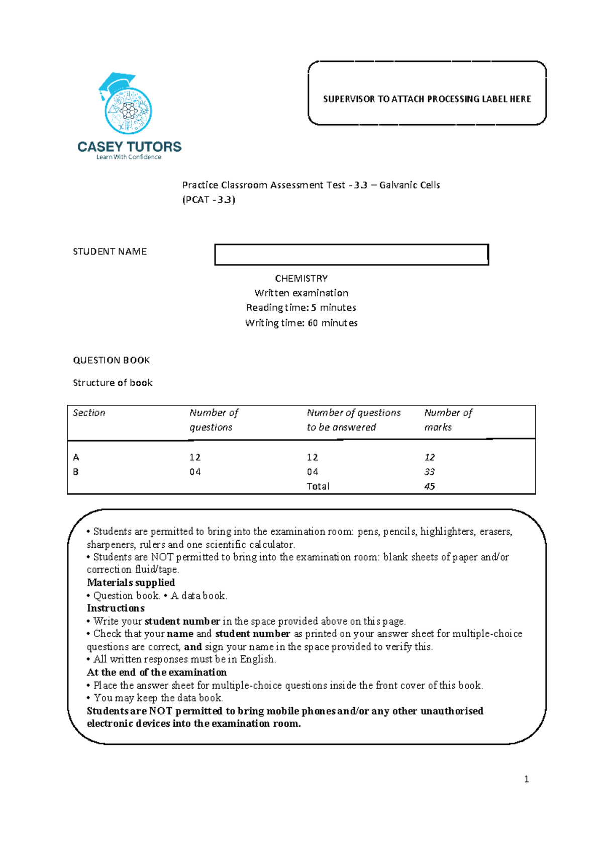 PCAT 3.3 - Galvanic Cells - Practice Classroom Assessment Test - 3 ...
