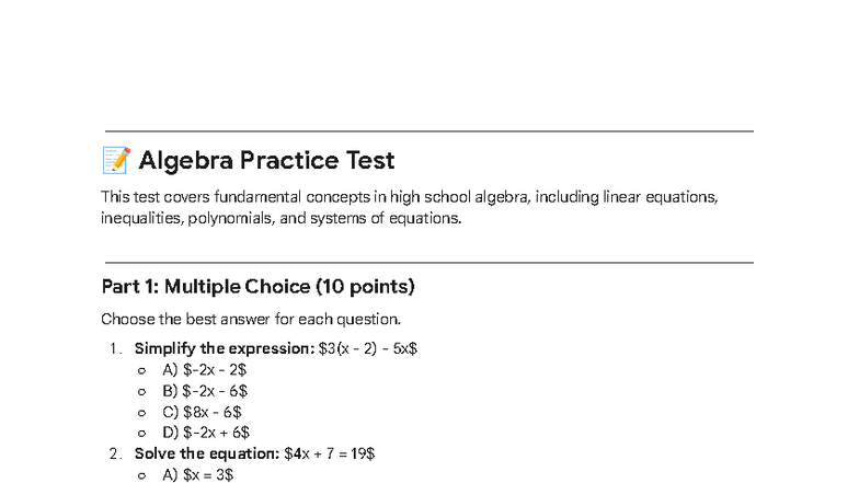 Algebra Practice Test: Key Concepts & Problem Solving - Studocu