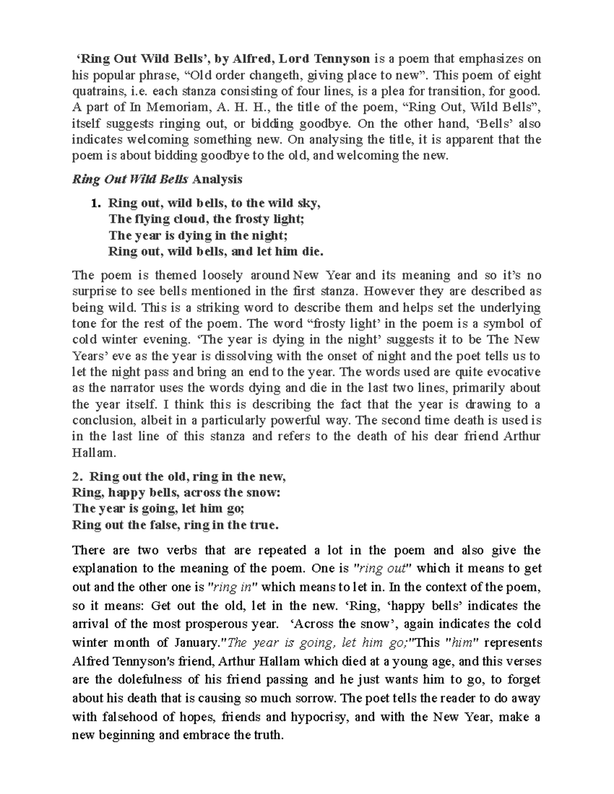 Analysis of "Ring Out, Wild Bells" by Alfred Lord Tennyson - Studocu