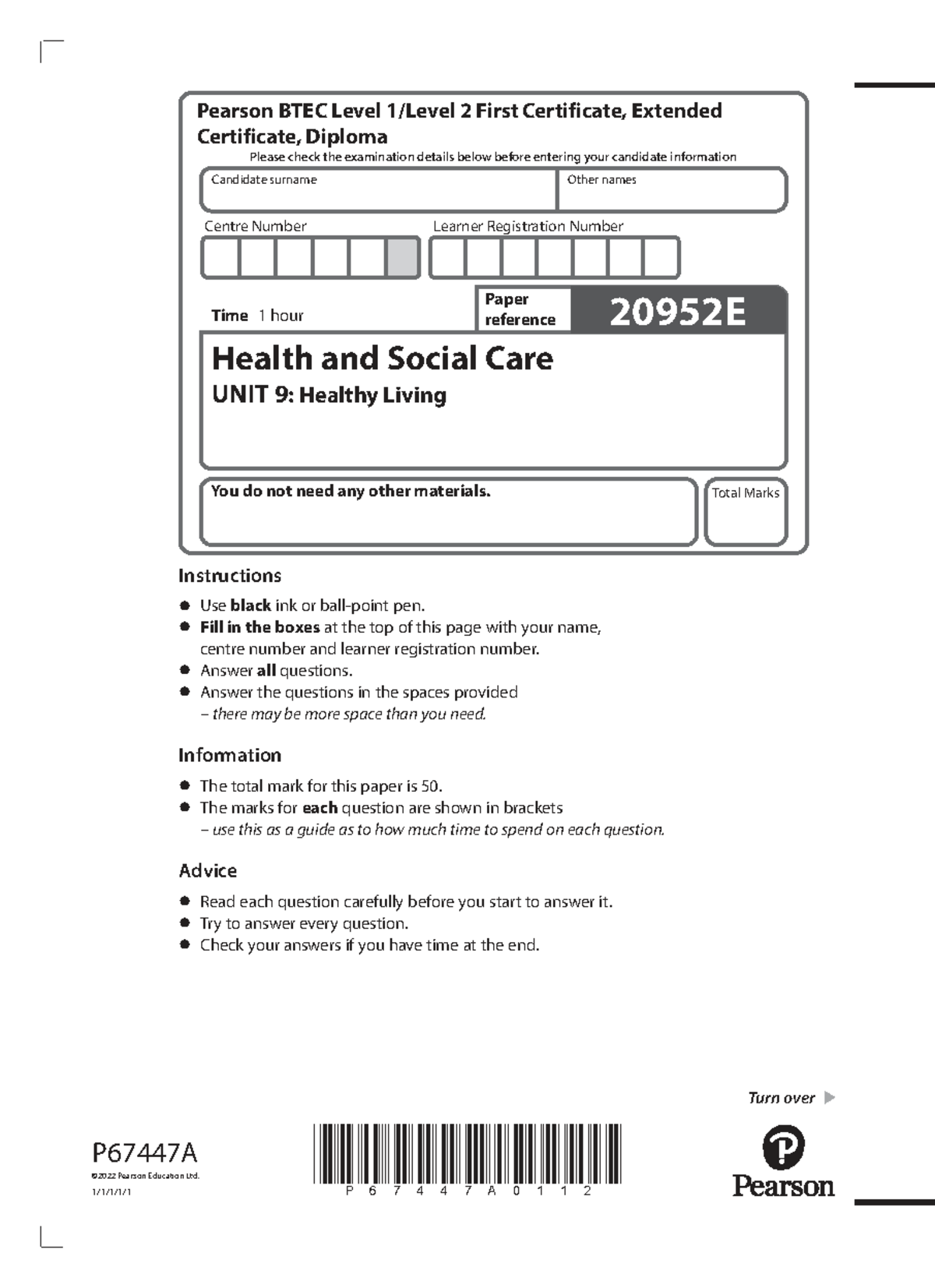 Level 2 BTEC Health & Social Care Unit 9: Healthy Living Exam Paper ...