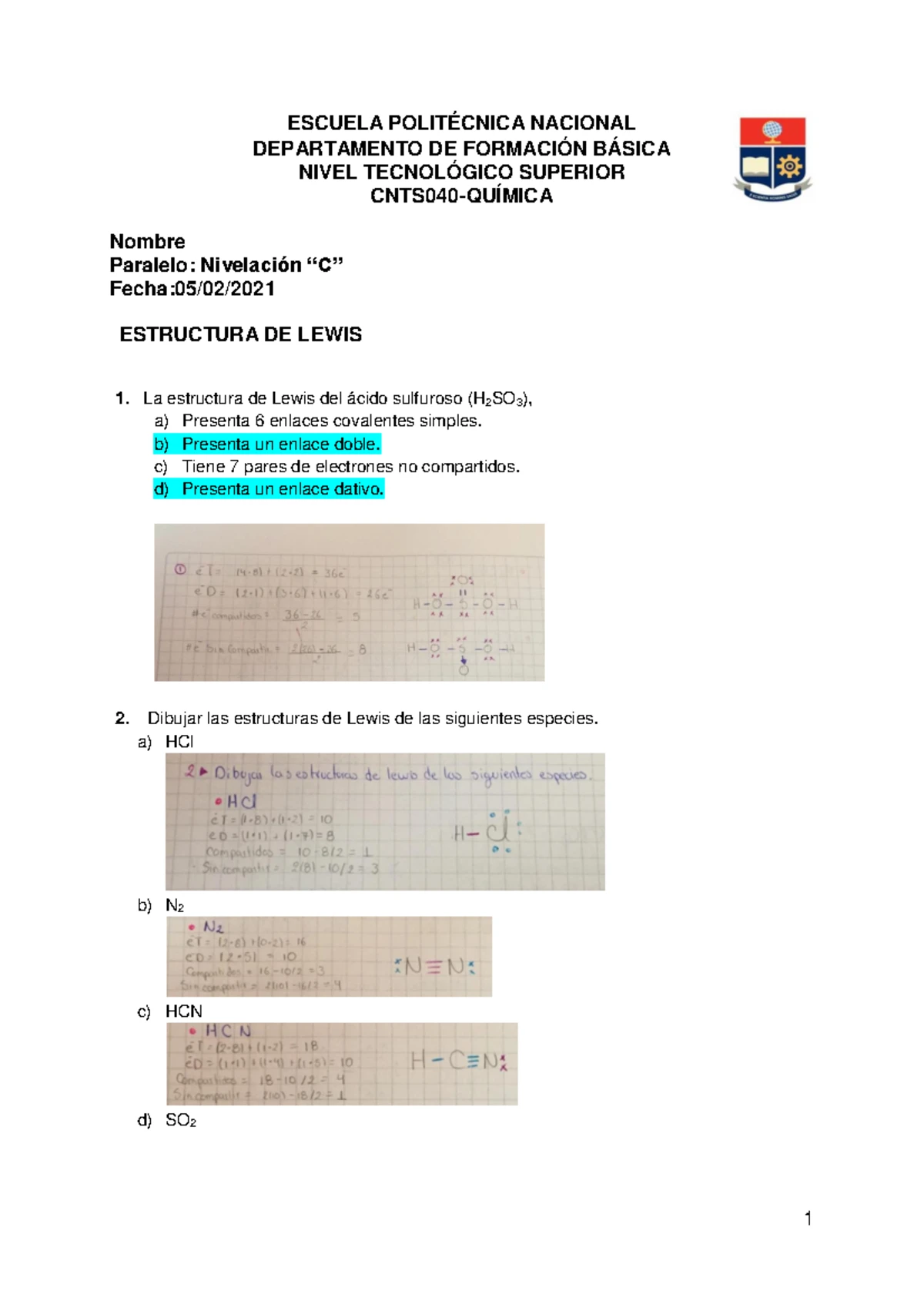 Ejercicios resueltos. Rendimiento de una reacción - ESCUELA POLITÉCNICA NACIONAL PERÍODO 2020 A ...