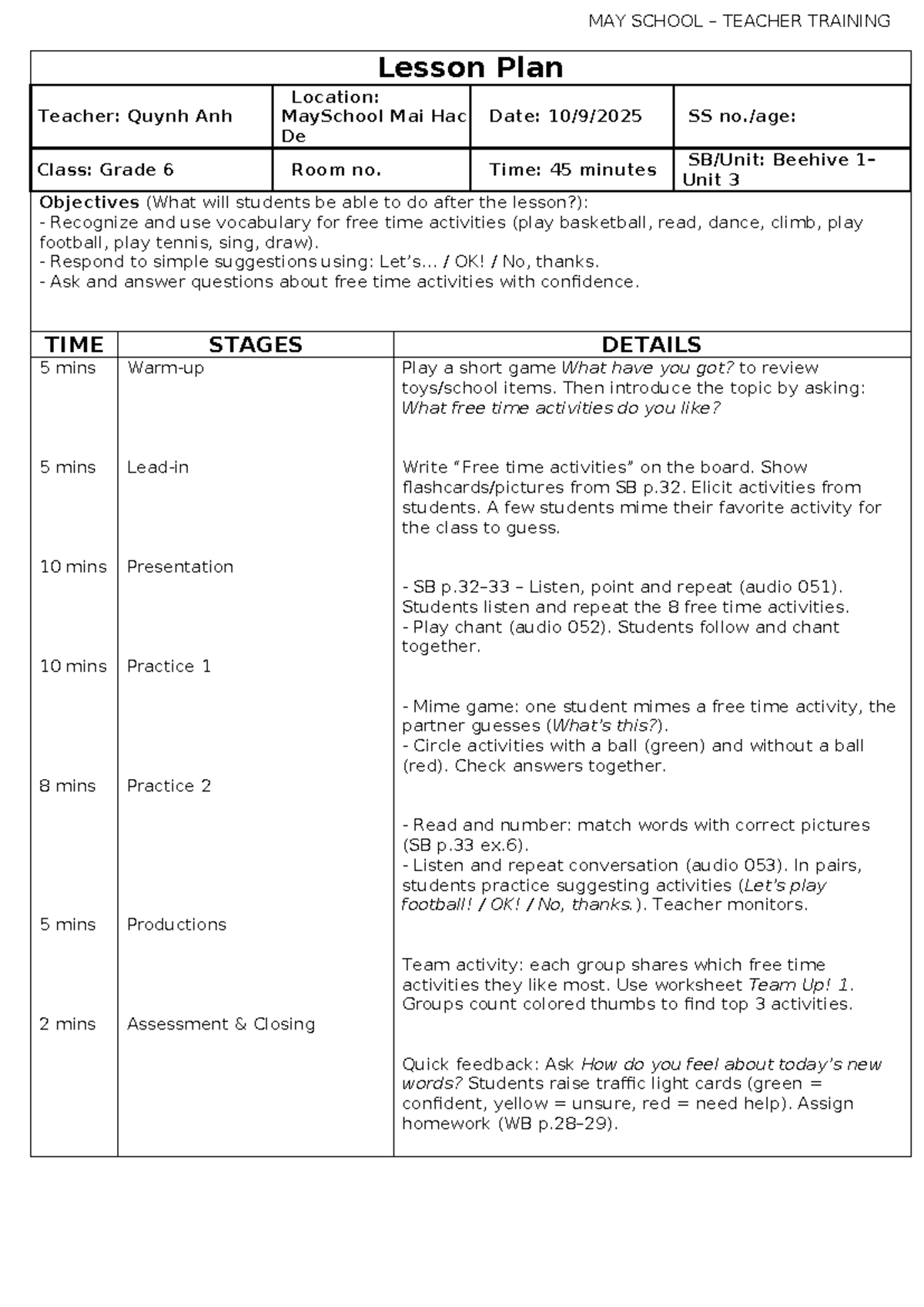 MAY SCHOOL TEACHER TRAINING Lesson Plan for Grade 6 - Beehive Unit 3 ...