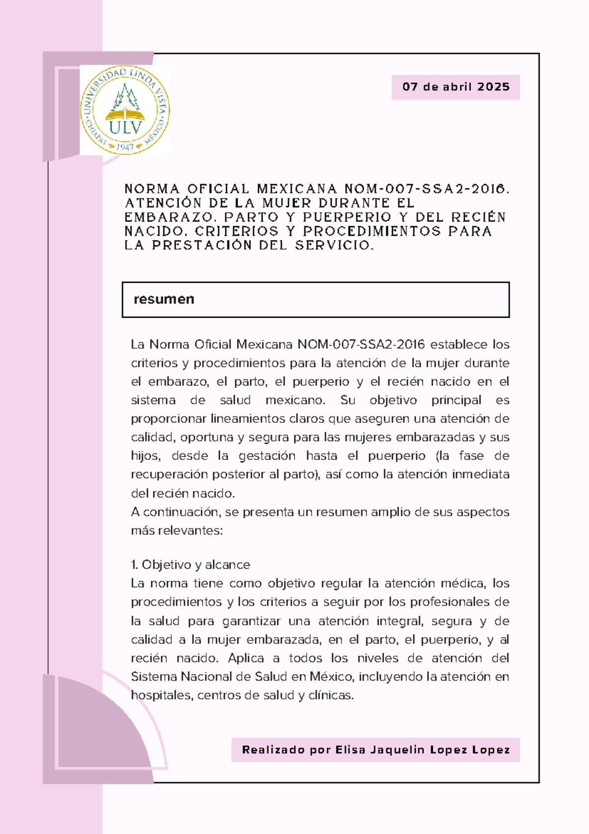 Resumen de la Norma NOM-007-SSA2-2016: Atención Integral a la Mujer y Recién Nacido - Studocu