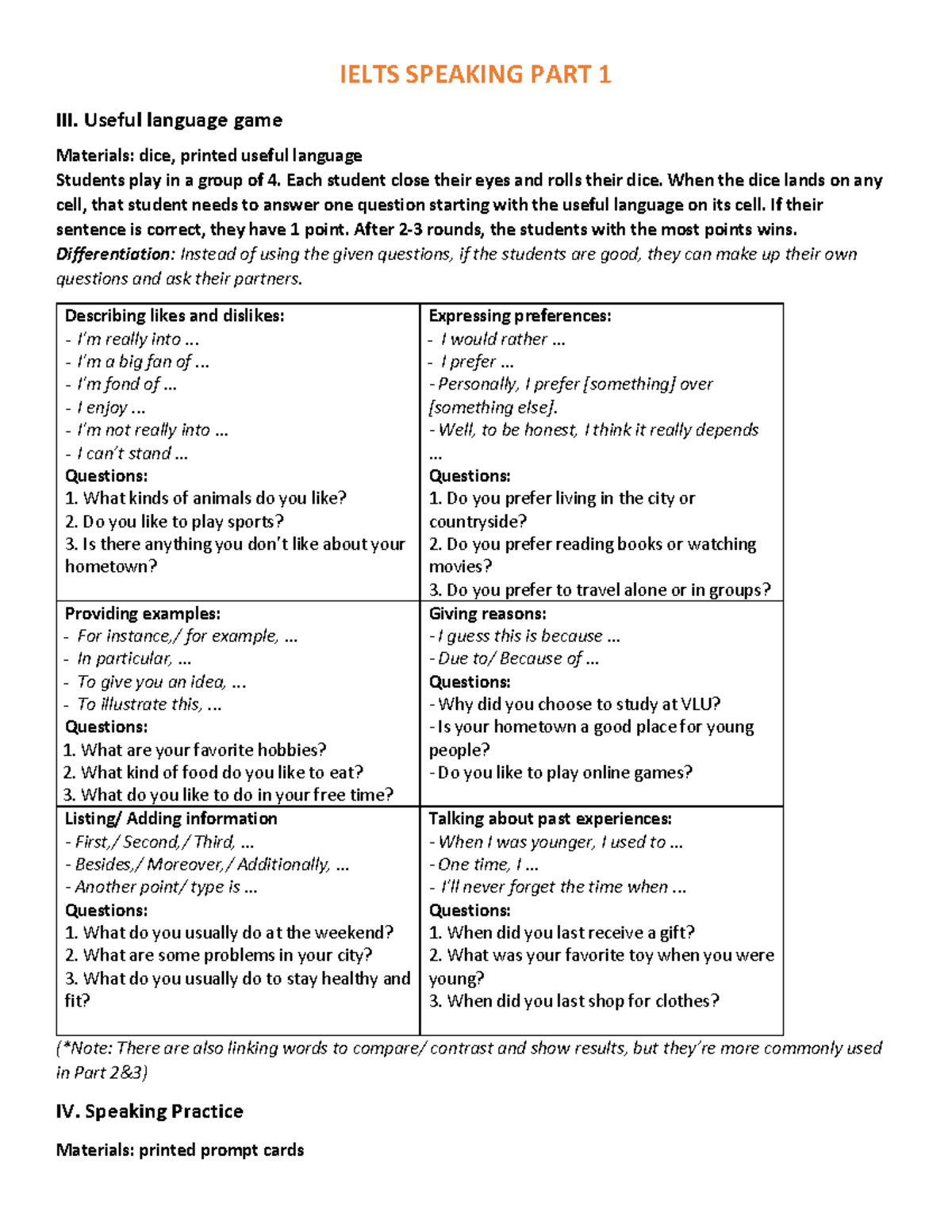 IELTS L4 Speaking Part 1: Activities and Useful Language Guide - Studocu