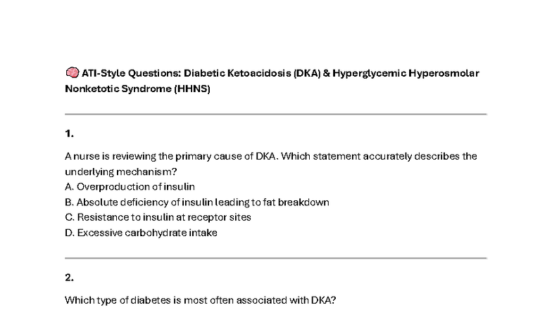 ATI-Style Questions: DKA & HHNS Overview and Key Concepts - Studocu
