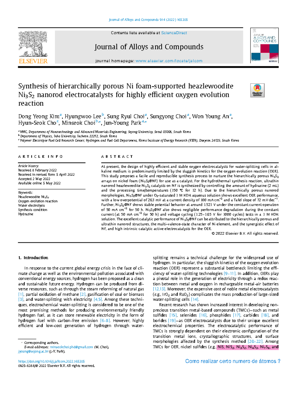 Kim D Y Et Al Synthesis Of Hierarchically Porous Ni Foam Supported Contents Lists
