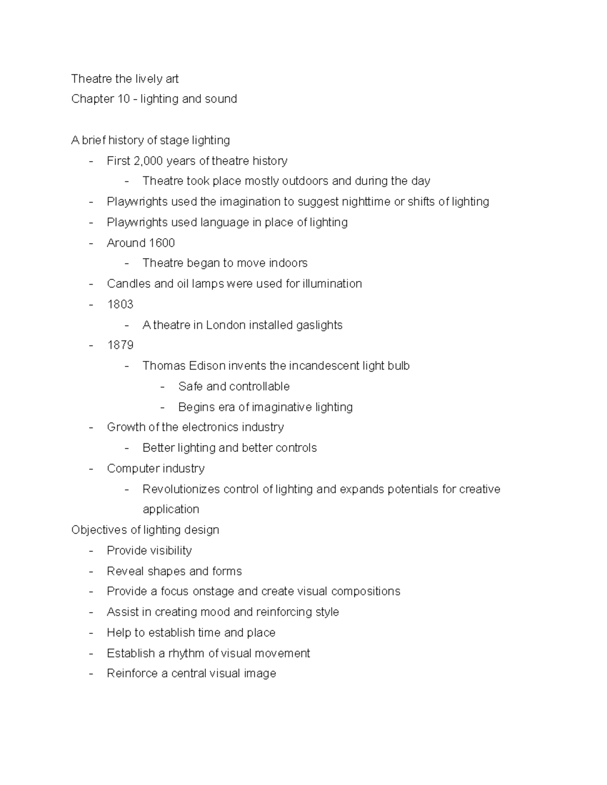 Theatre 101: Chapter 10 - Lighting & Sound Design Notes - Studocu