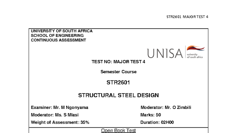 STR2601 Major Test 4: Structural Steel Design Assessment Guide - Studocu