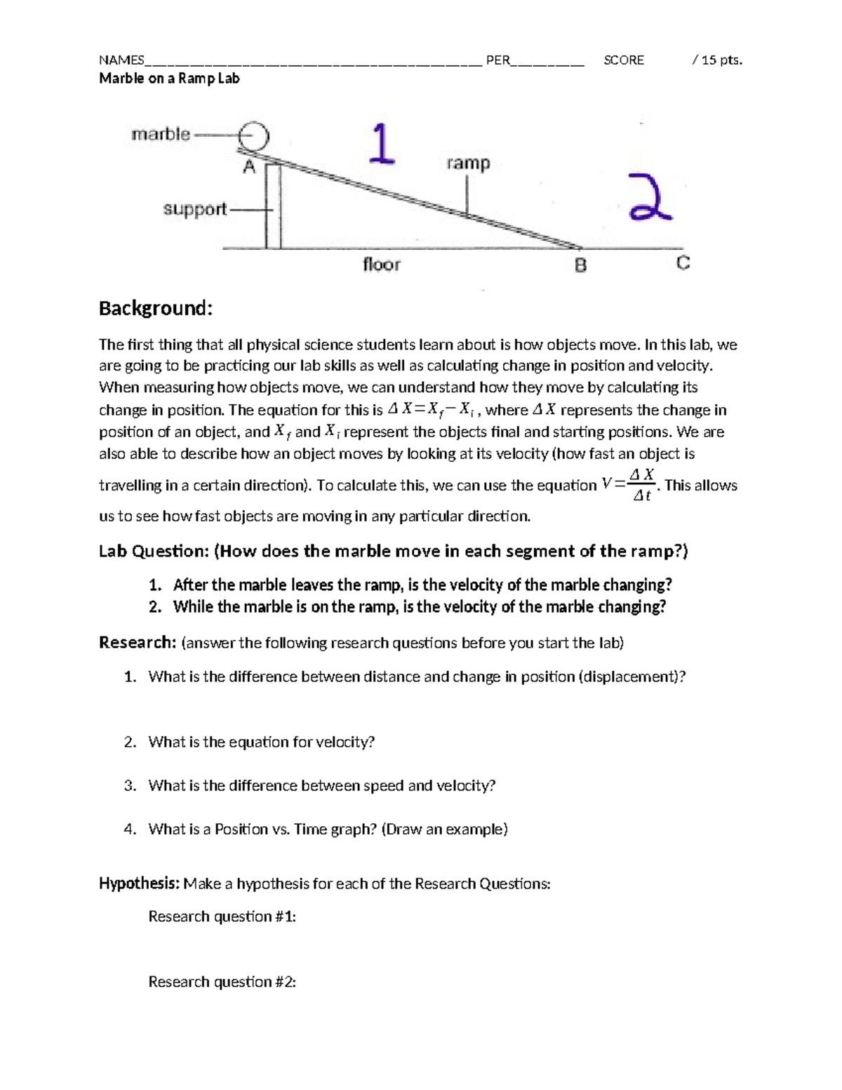 Marble on a Ramp Lab (SCORE 15 pts): Displacement & Velocity Analysis ...