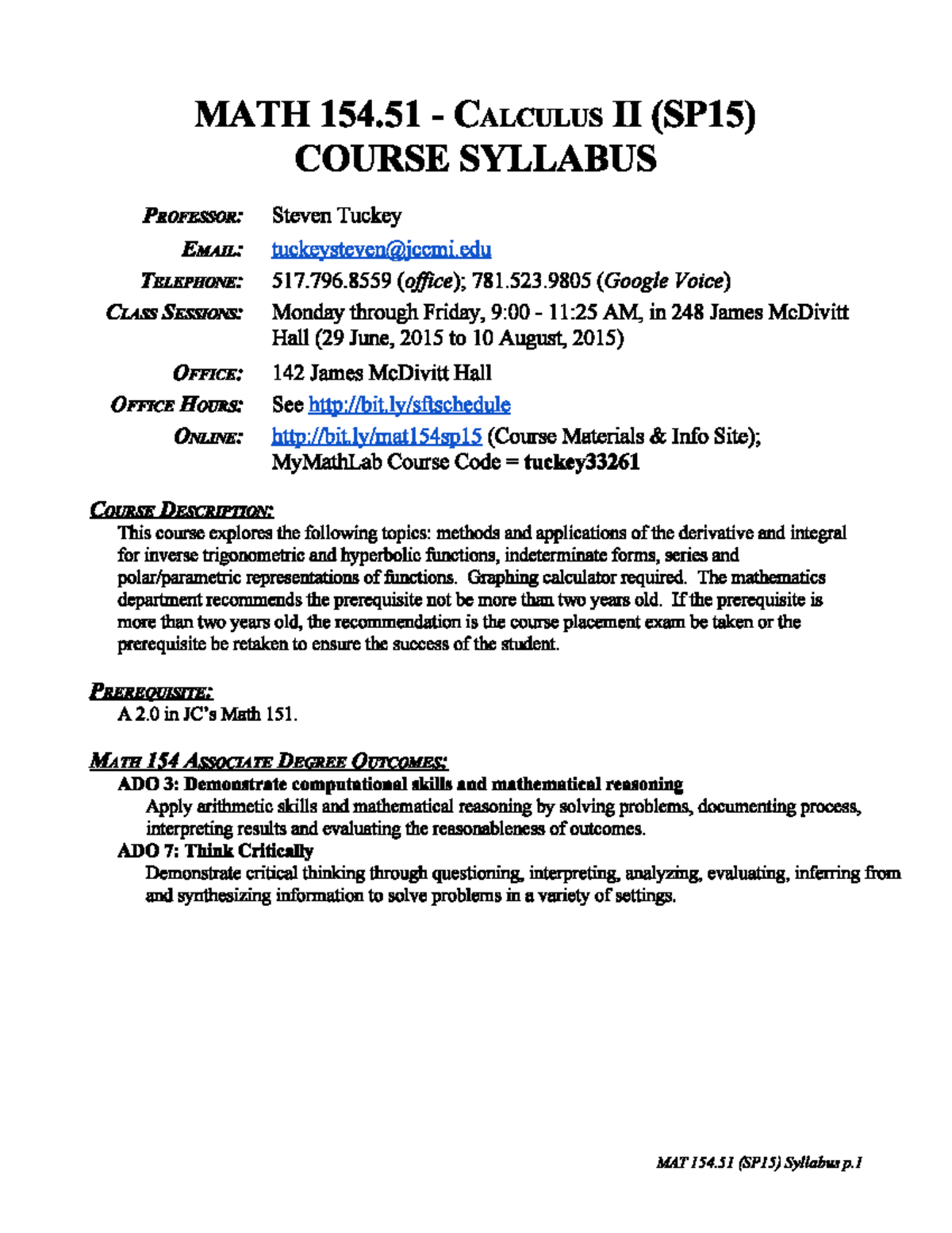 MATH 154.51 (SP15) Comprehensive Course Syllabus Overview - Studocu