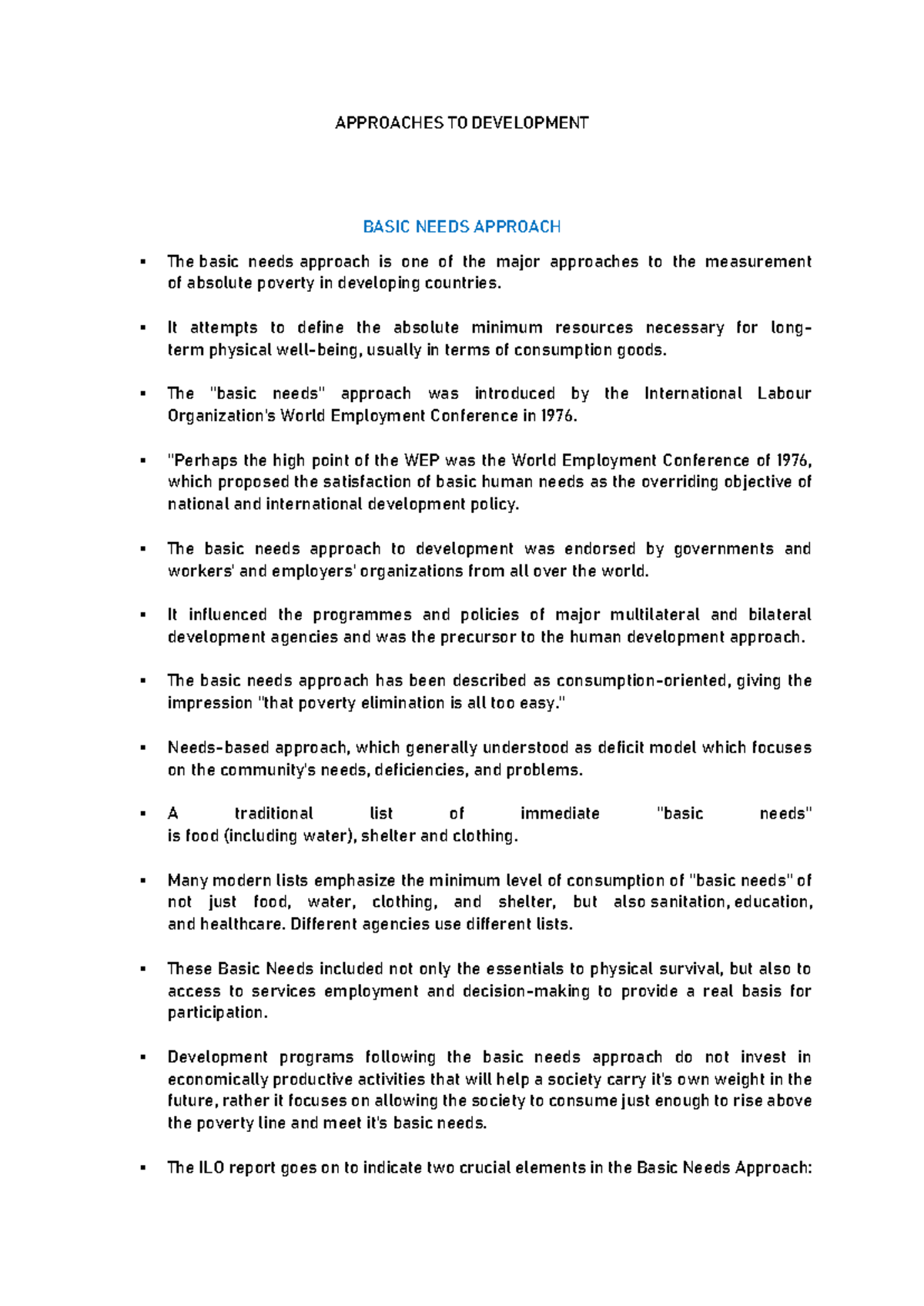 Basic Needs Approach to Development: Principles and Strategies - Studocu