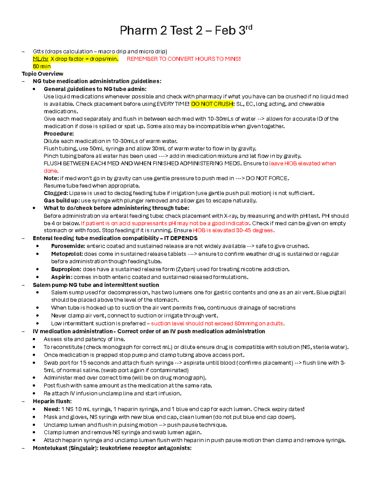 Pharm 2 Test 2 Overview: NG Tube Med Admin & IV Med Guidelines - Studocu