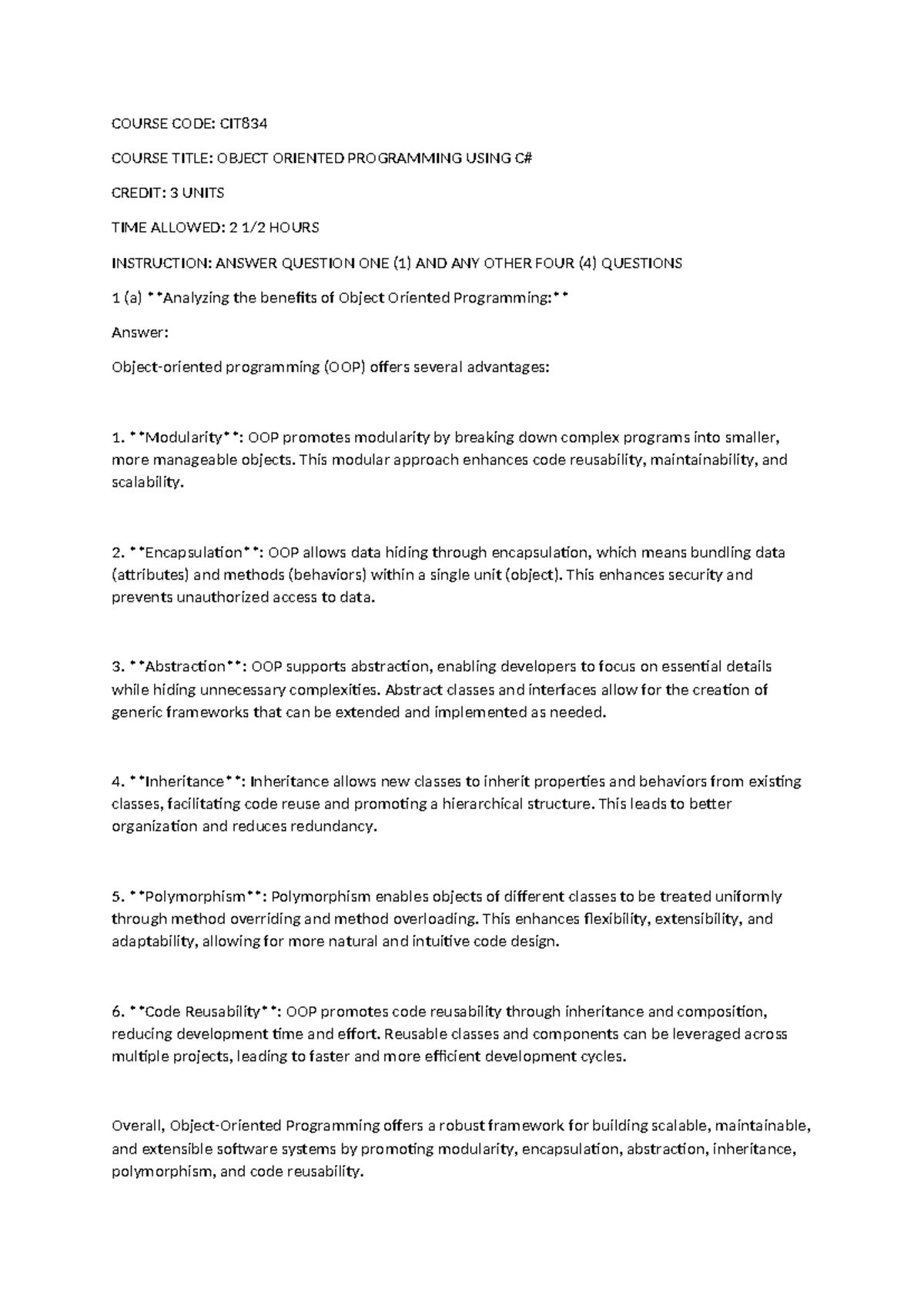 CIT 834 Final Exam: OOP in C# Past Questions & Answers - Studocu
