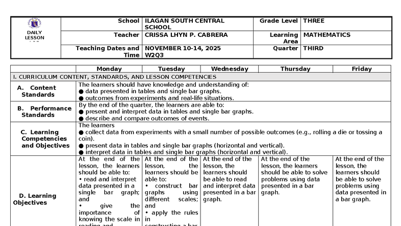 MATH3 Q3 WEEK 2 DAILY LESSON LOG: BAR GRAPH INTERPRETATION - Studocu