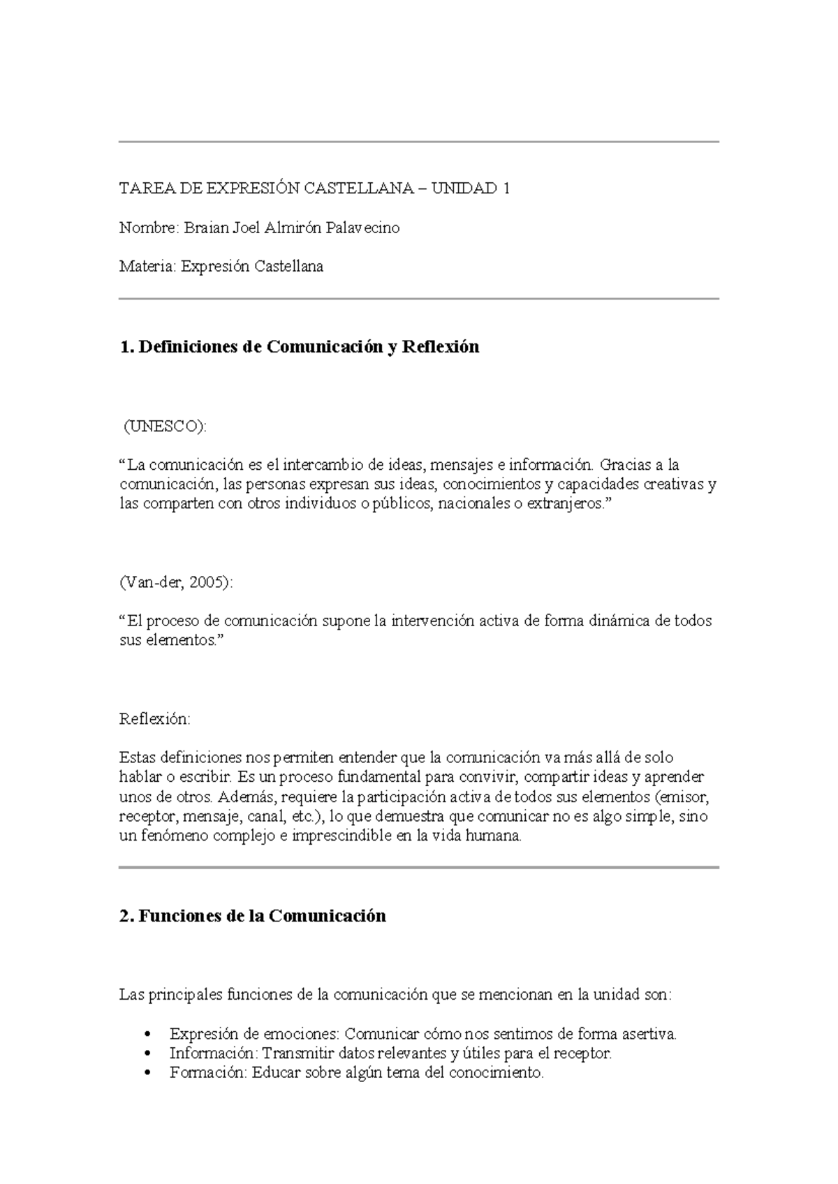 TAREA DE EXPRESIÓN CASTELLANA UNIDAD 1 - Primer Año - Studocu