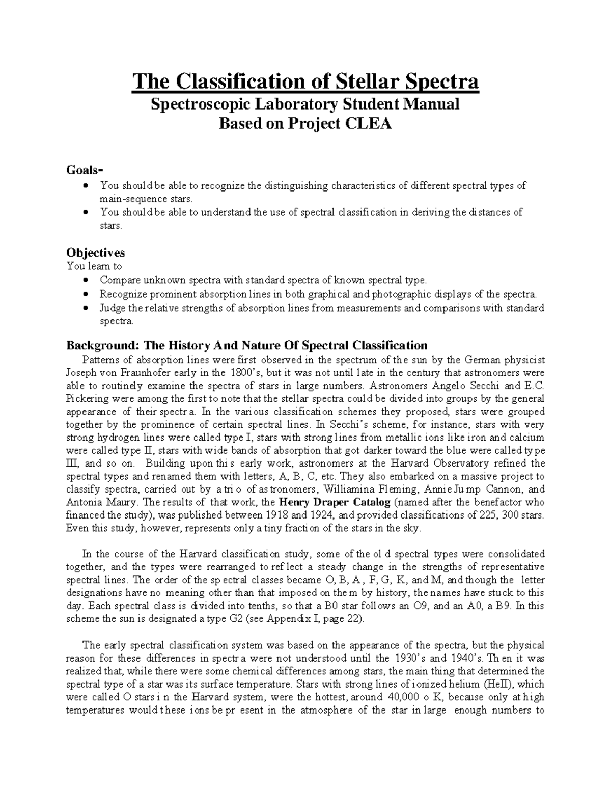 Spectroscopic Lab Manual: Stellar Spectra Classification (Project CLEA ...