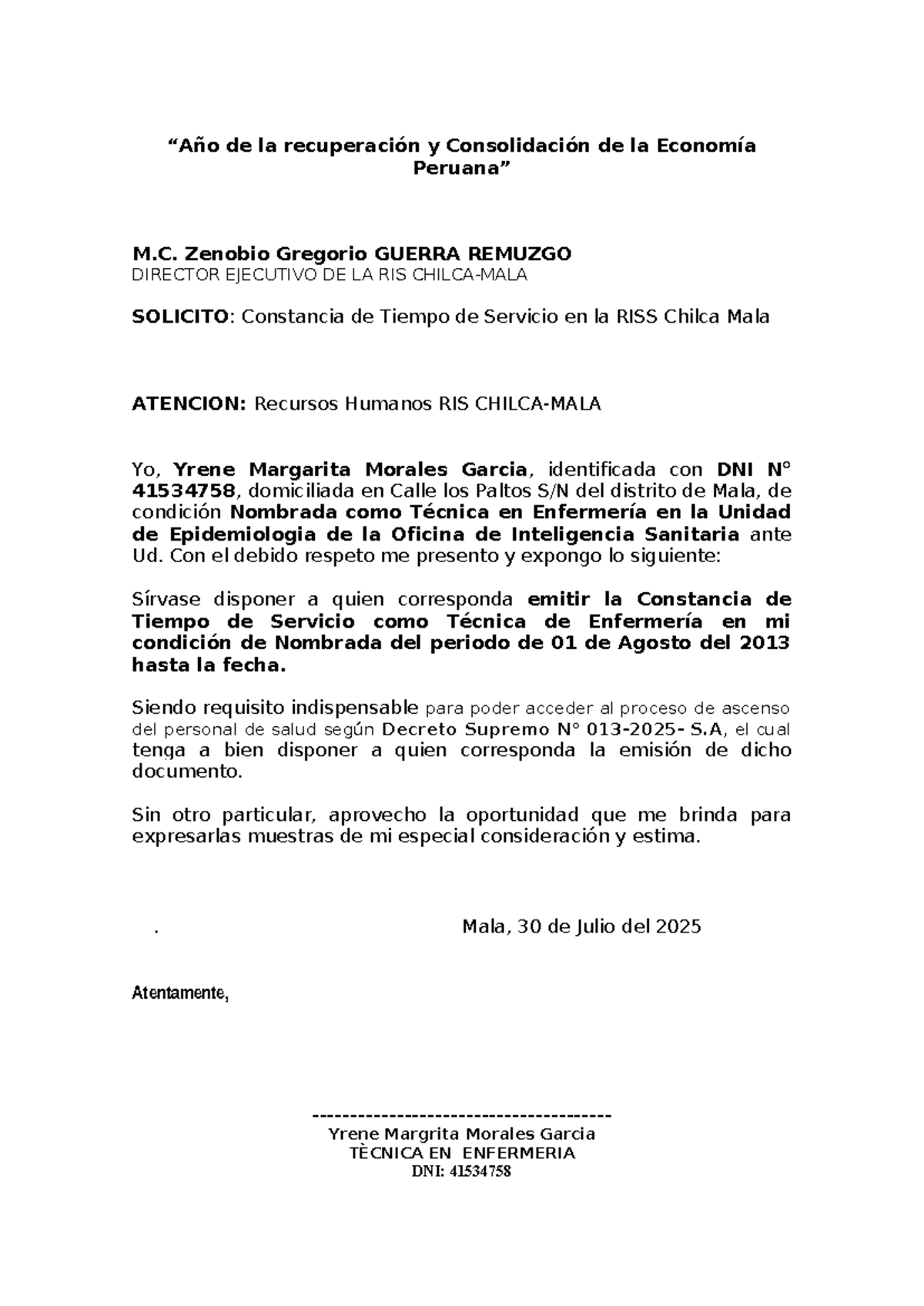 Solicitud de Constancia de Tiempo de Servicio - Técnica en Enfermería ...