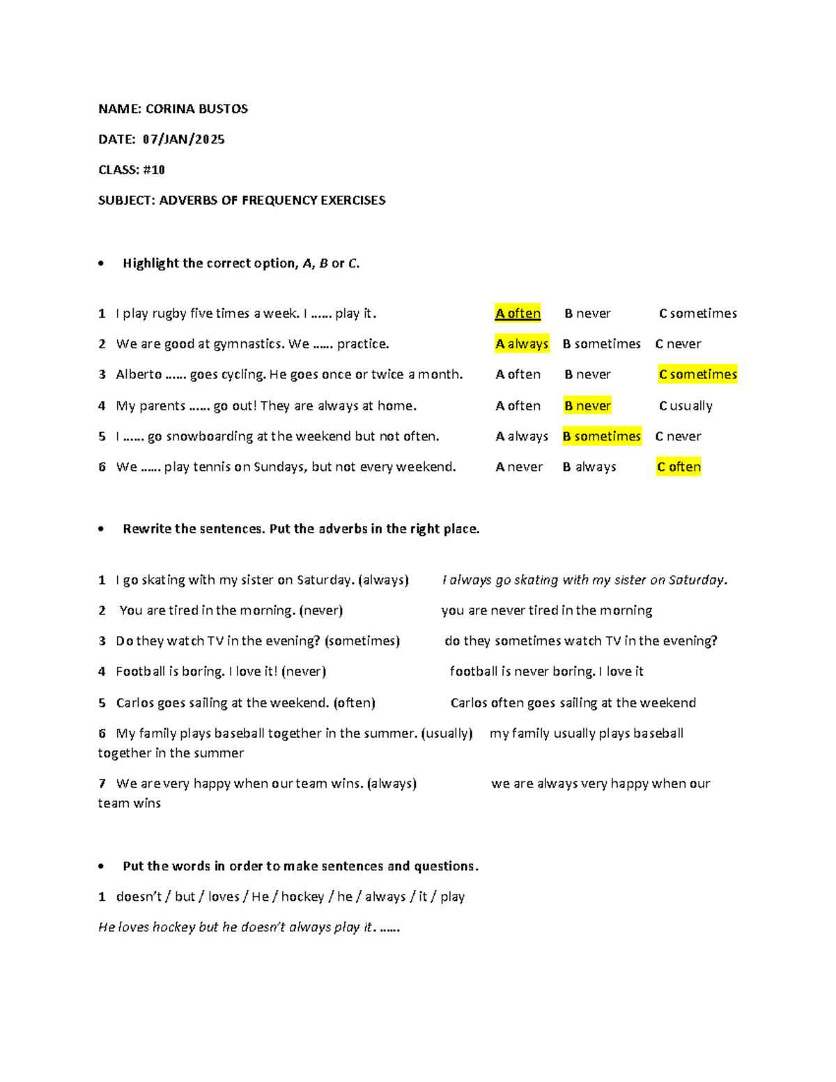 AOF: Adverbs of Frequency & Daily Routines Exercises - Studocu