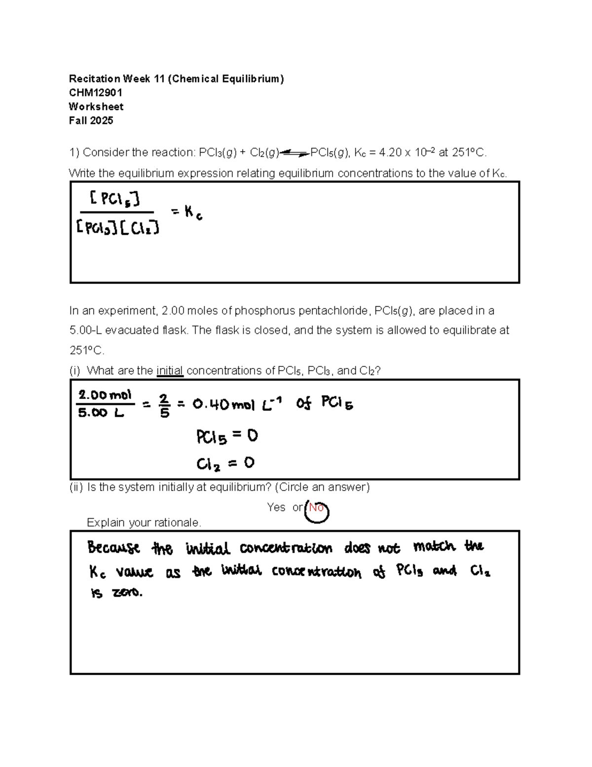 Week 11 Recitation Worksheet on Chemical Equilibrium CHM12901 Fall 2025 ...