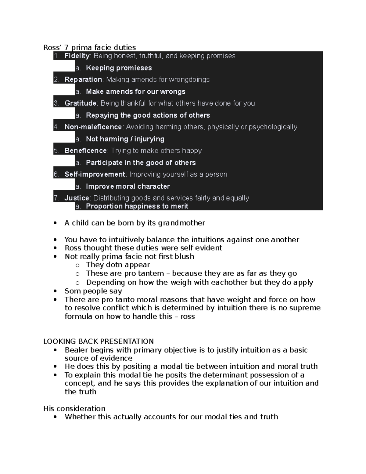 PHIL 345 Lecture 1 - Phil of math notes - Ross’ 7 prima facie duties 1 ...