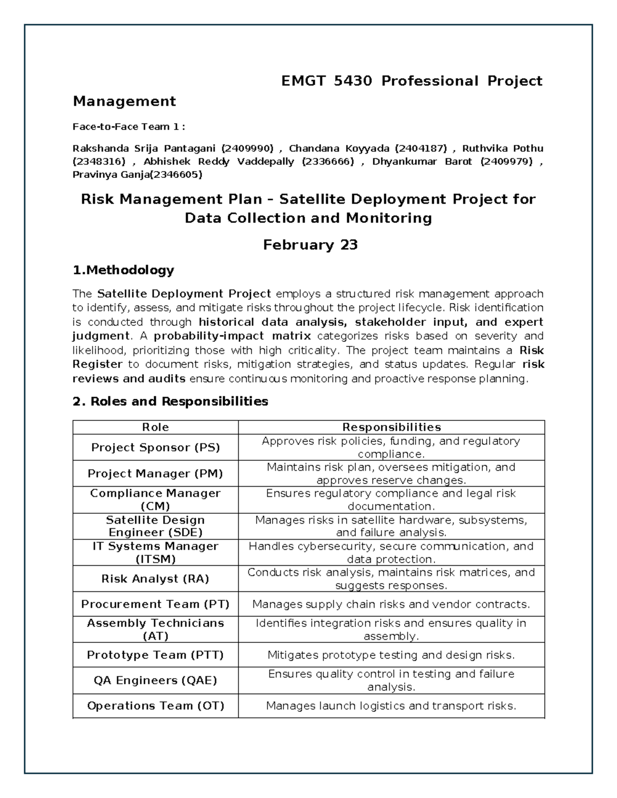 EMGT 5430 Risk Management Plan for Satellite Deployment Project - Studocu