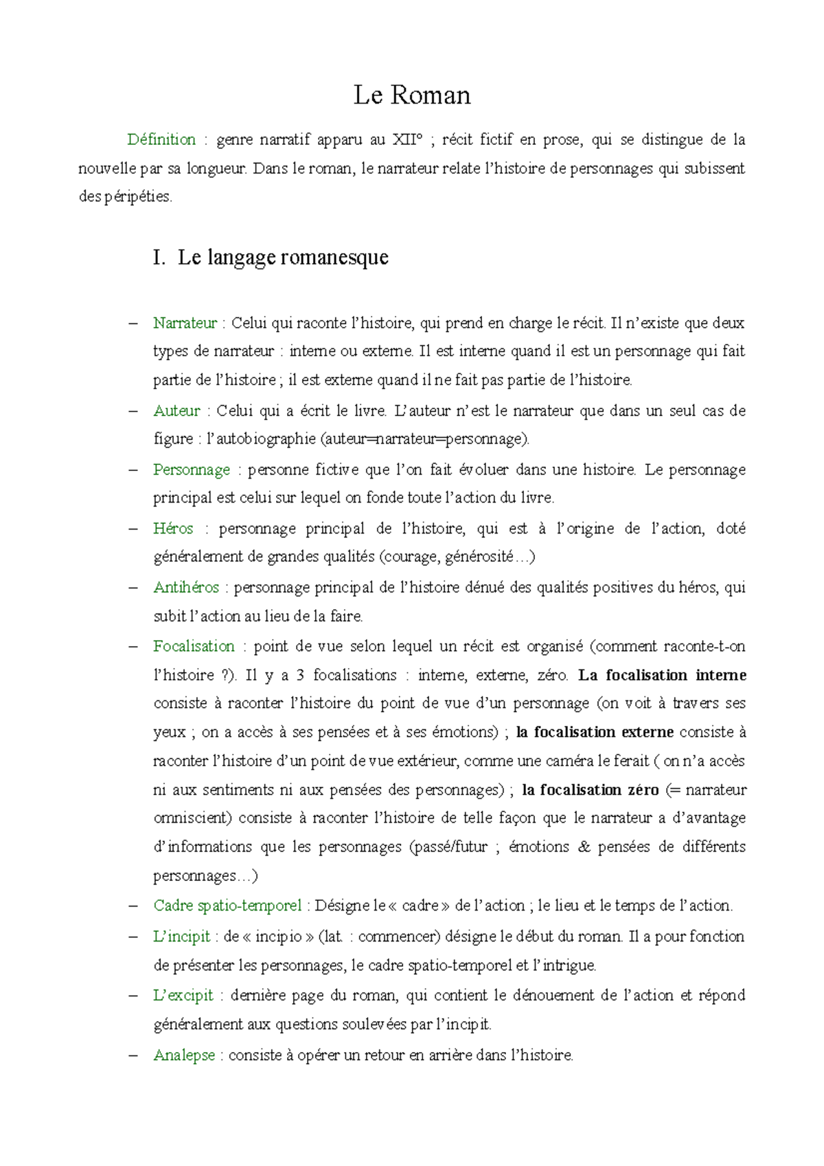 Cours sur le roman : Concepts et Évolution du Genre Narratif - Studocu
