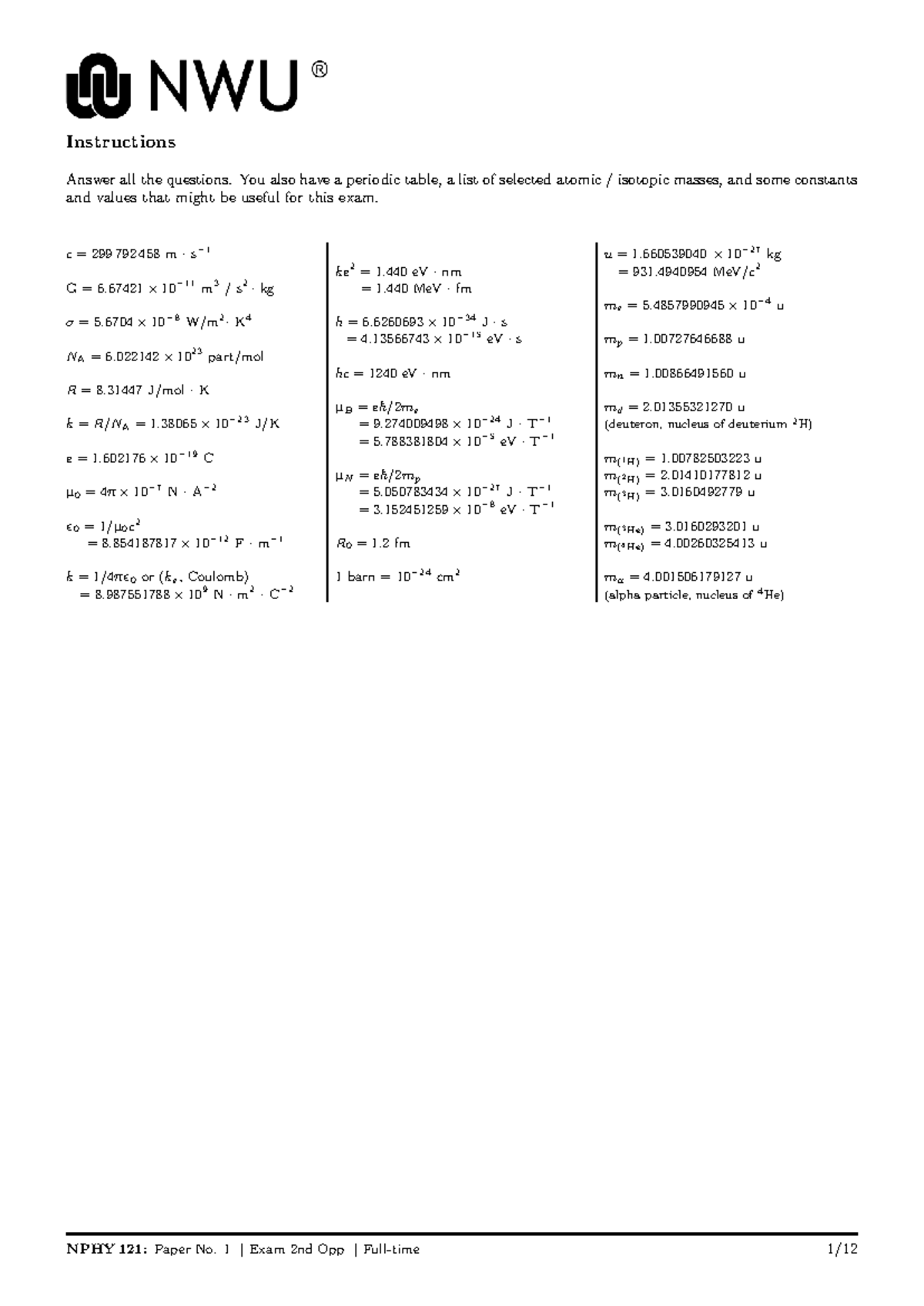 NPHY 121: Exam Paper 2 - Instructions and Formulas - Studocu
