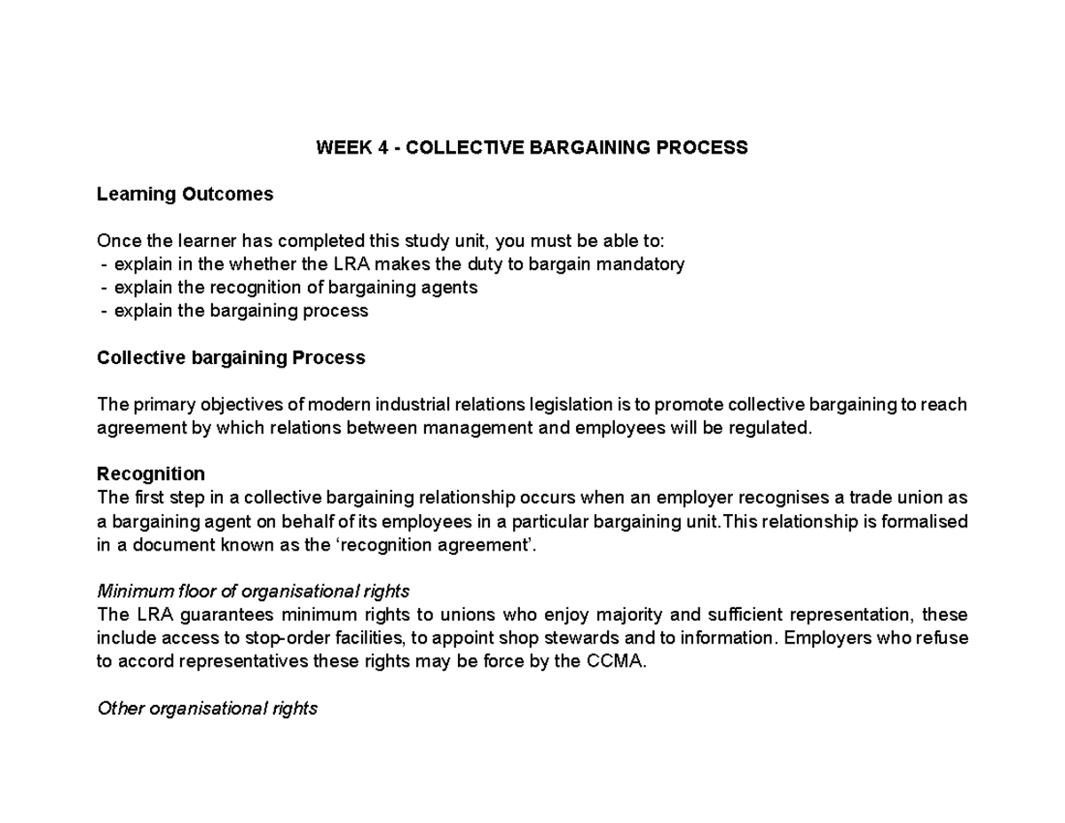 WEEK 4: Collective Bargaining Process Overview and Key Concepts - Studocu