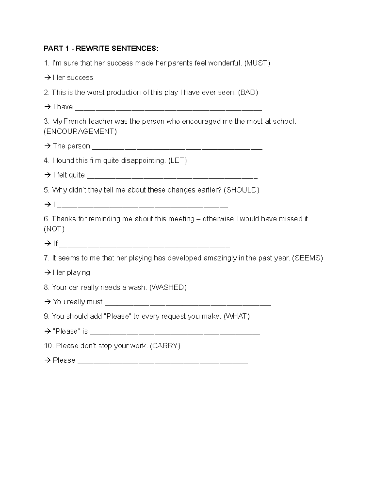 Rewrite Sentences Practice (Writing - Đề 1) for Year 2 - Studocu