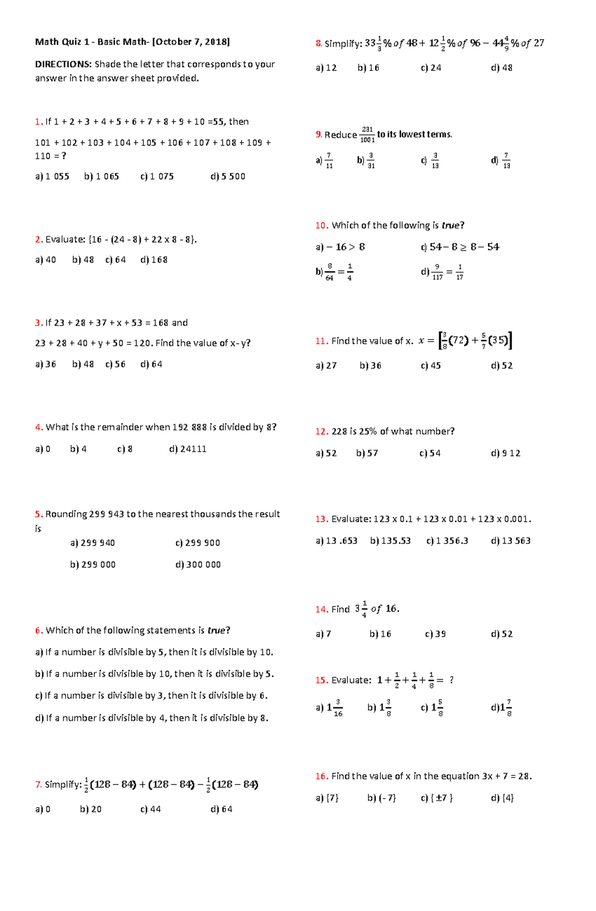 SASE Math Quiz 1: Basic Questions and Answers - Studocu