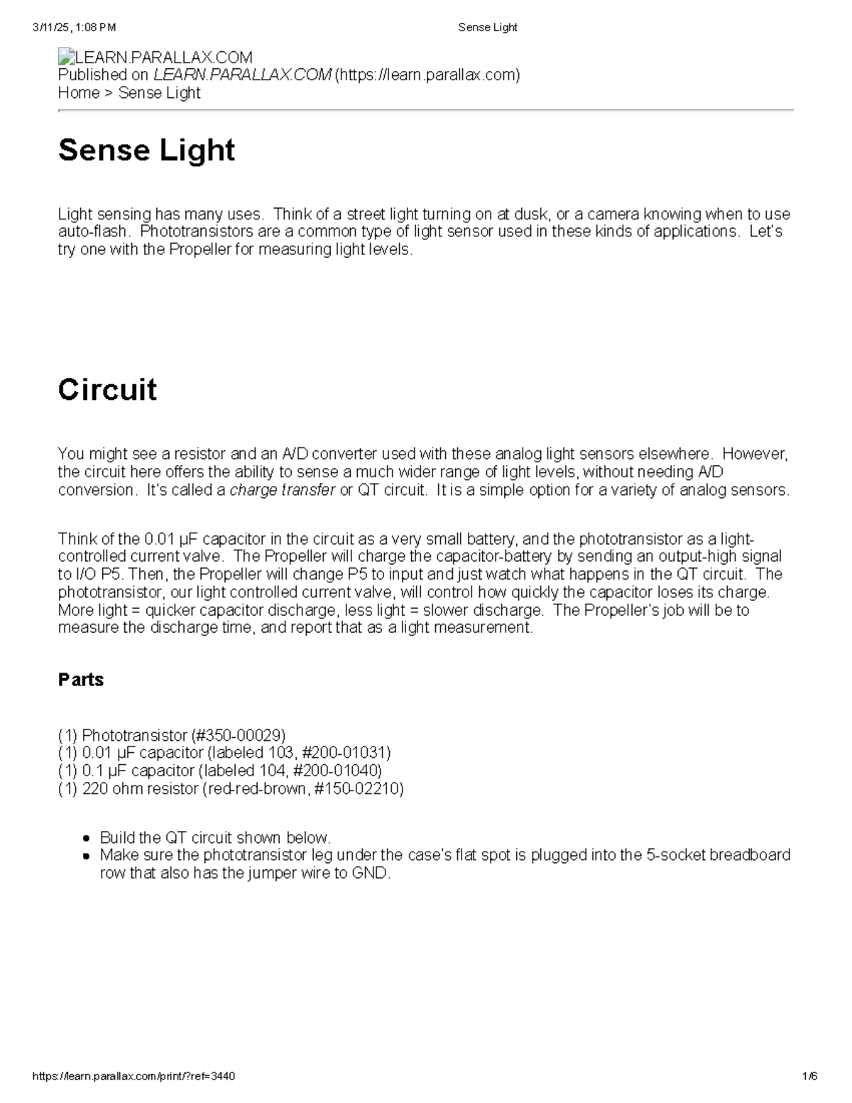 Sense Light: Measuring Light Levels Using a QT Circuit with Propeller ...