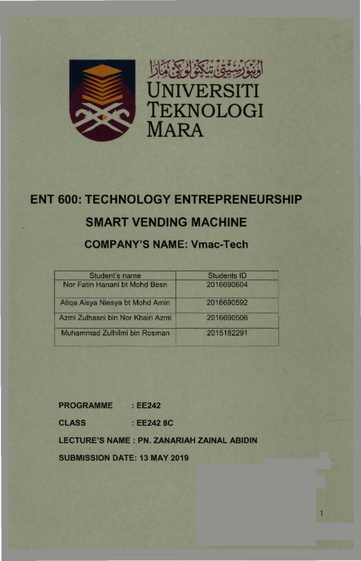 ENT 600: Smart Vending Machine Development Project Report - Studocu