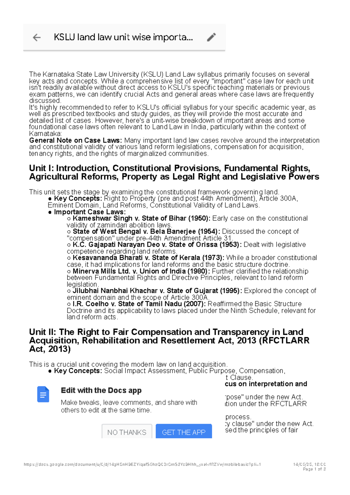 KSLU Land Law: Key Acts & Important Case Laws Overview - Studocu