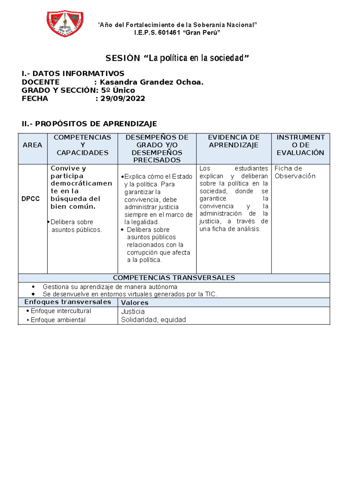 DPCC 5° 29 - Sesión de Aprendizaje sobre Soberanía y Política - Studocu