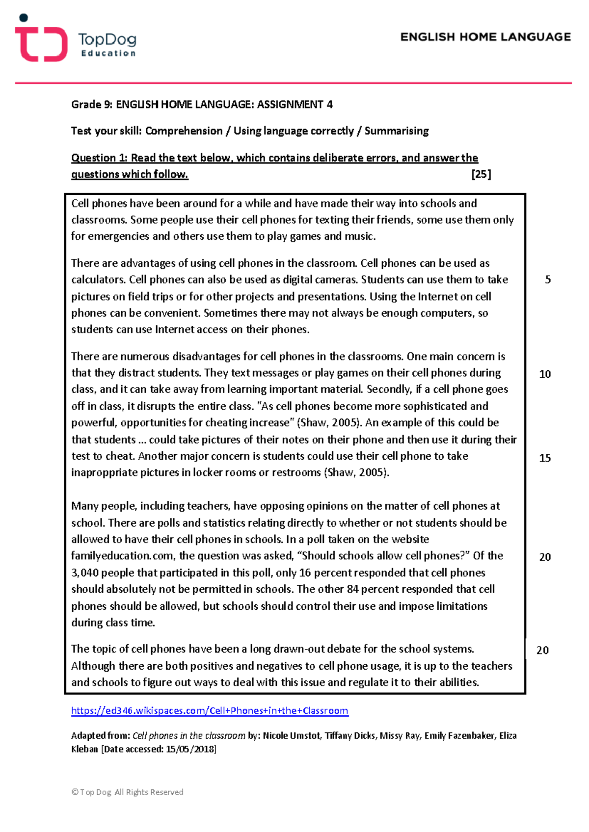 Grade 9: English Home Language Assignment 4 - Cell Phones in Classrooms ...