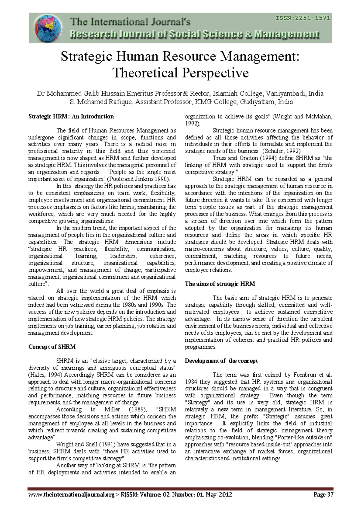Strategic HRM: Theoretical Perspectives and Evolution (RJSSM 02:01 ...