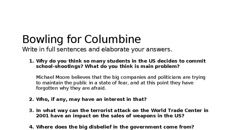 Bowling for Columbine Essay Questions and Analysis - Studocu