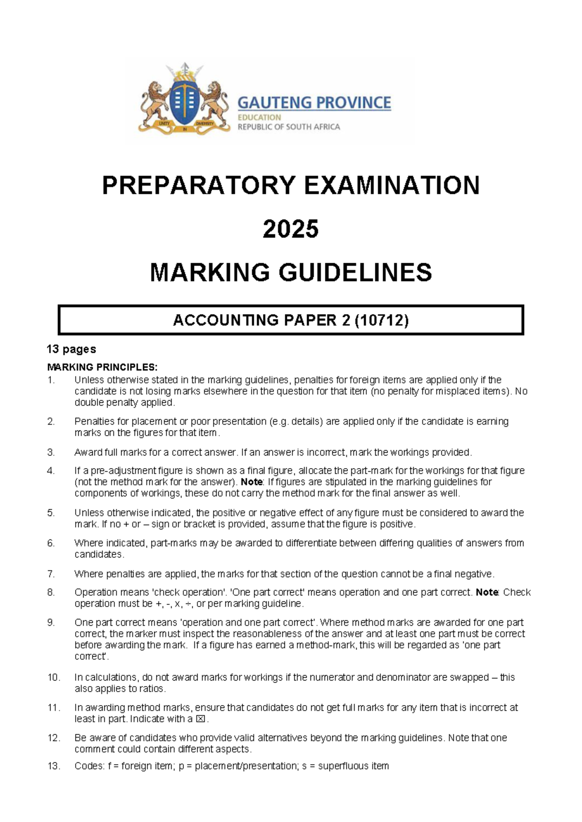 PREPARATORY EXAM 2025 MARKING GUIDELINES FOR ACCOUNTING P2 (10712 ...