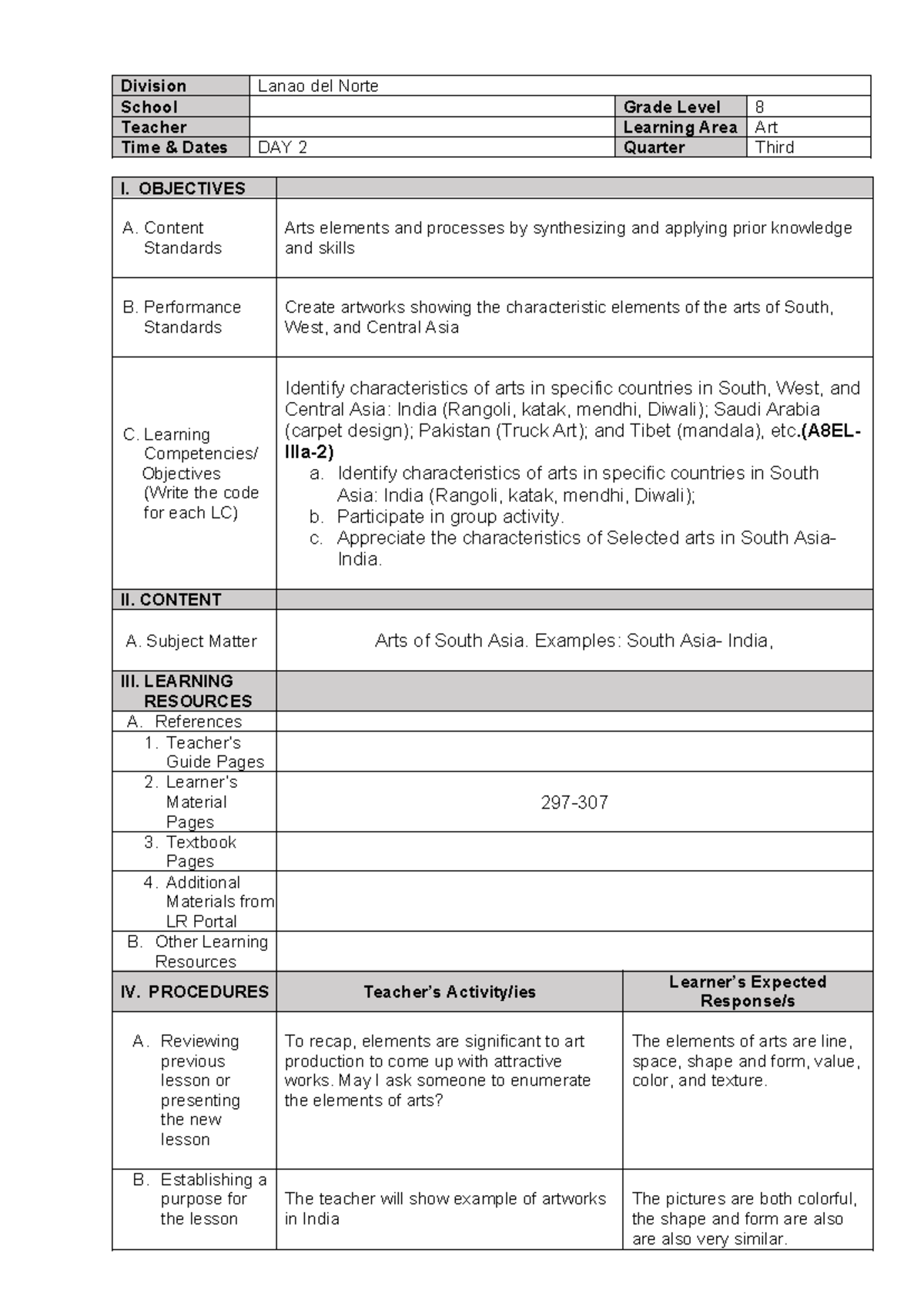 DAY 2 - MAPEH Art Lesson: Exploring South Asian Arts - Studocu