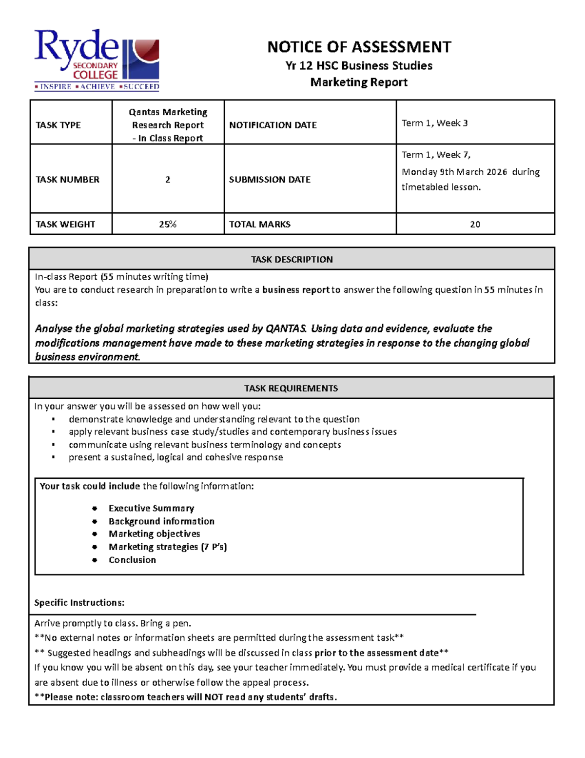 2026 Yr 12 HSC Business Studies Task 2: Qantas Marketing Report - Studocu