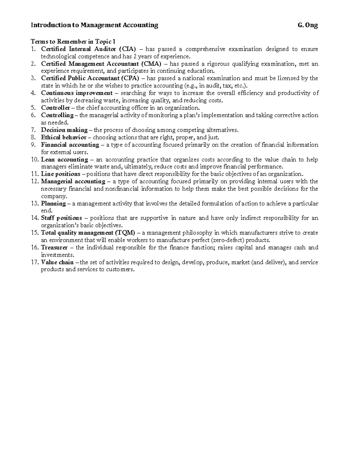 01 - Key Terms in Management Accounting to Remember - Studocu