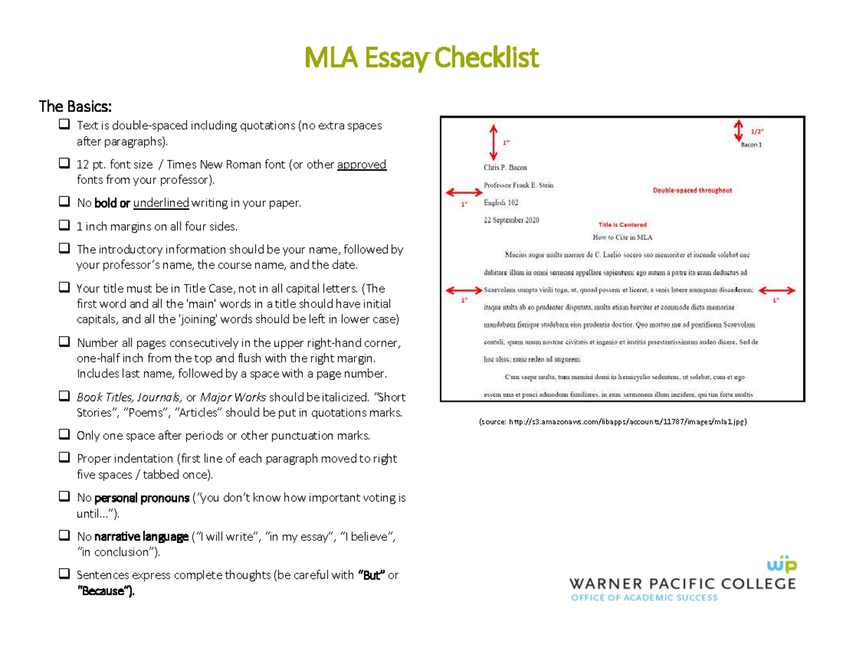 MLA Essay Checklist: Formatting Guidelines and Citation Rules - Studocu