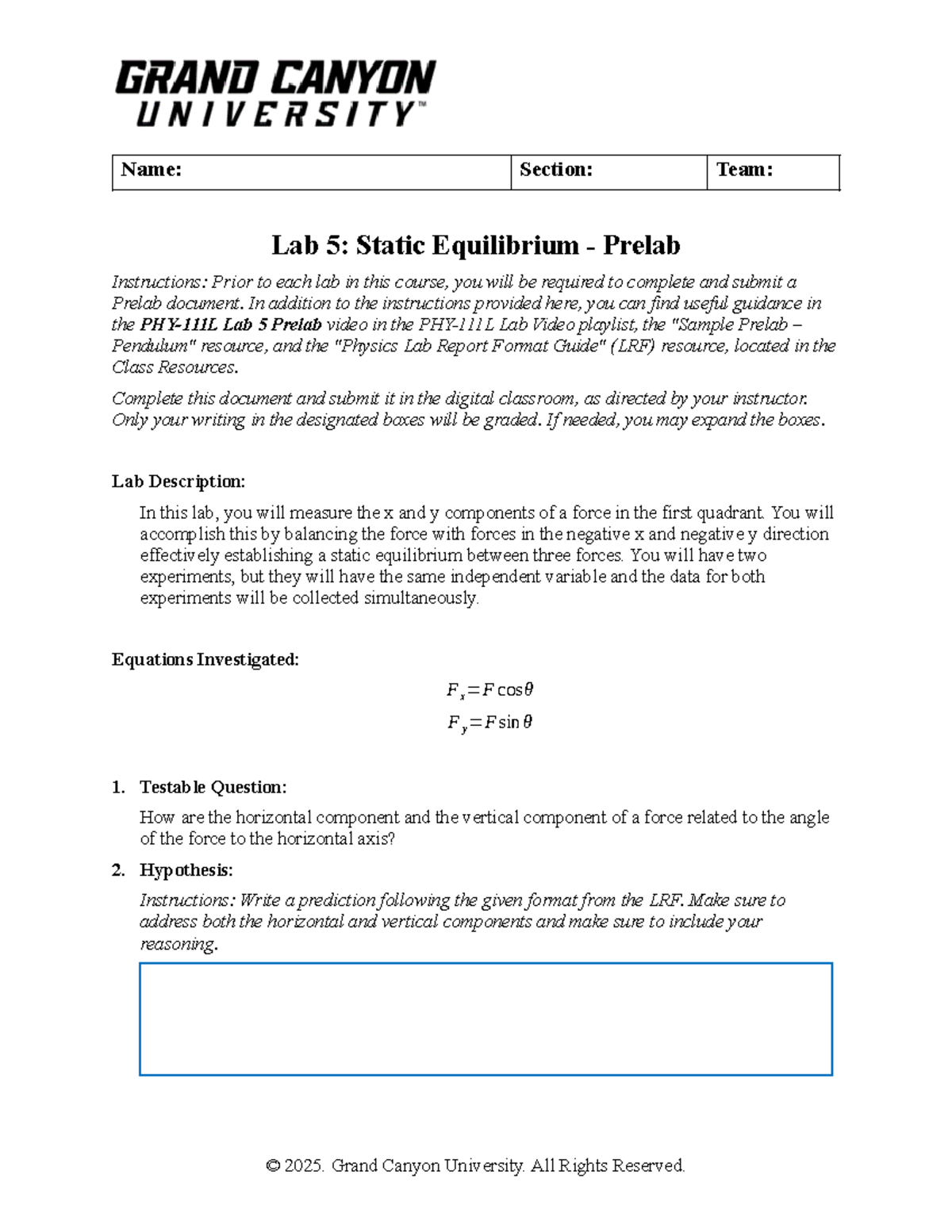 PHY111L Lab 5: Static Equilibrium Prelab Instructions and Guide - Studocu